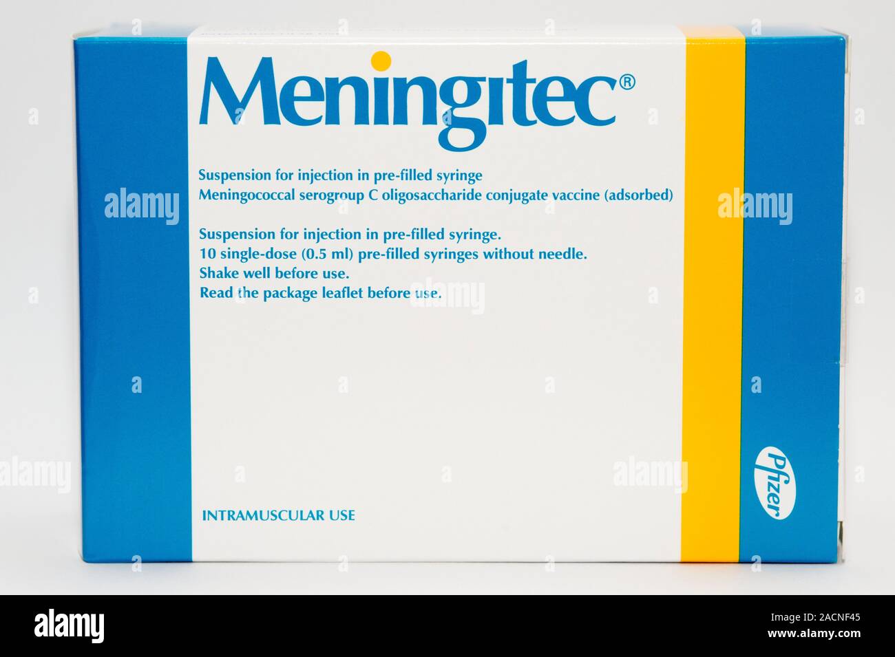 Meningitec meningitis C vaccine. Box containing pre-filled syringes of ...