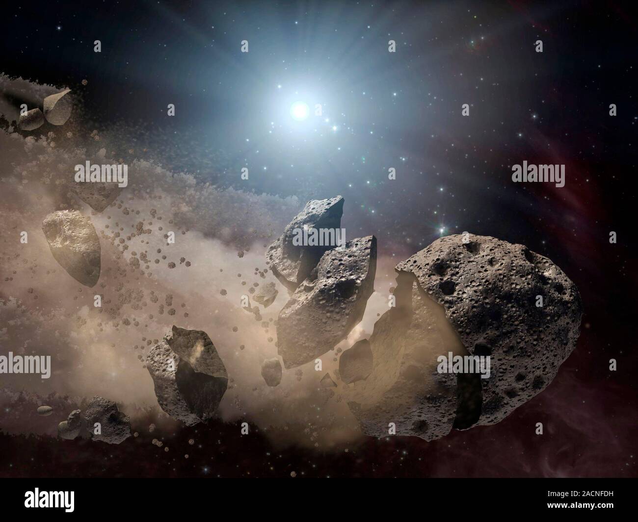 Dinosaur-killing asteroid. Artwork of the break-up of an asteroid ...
