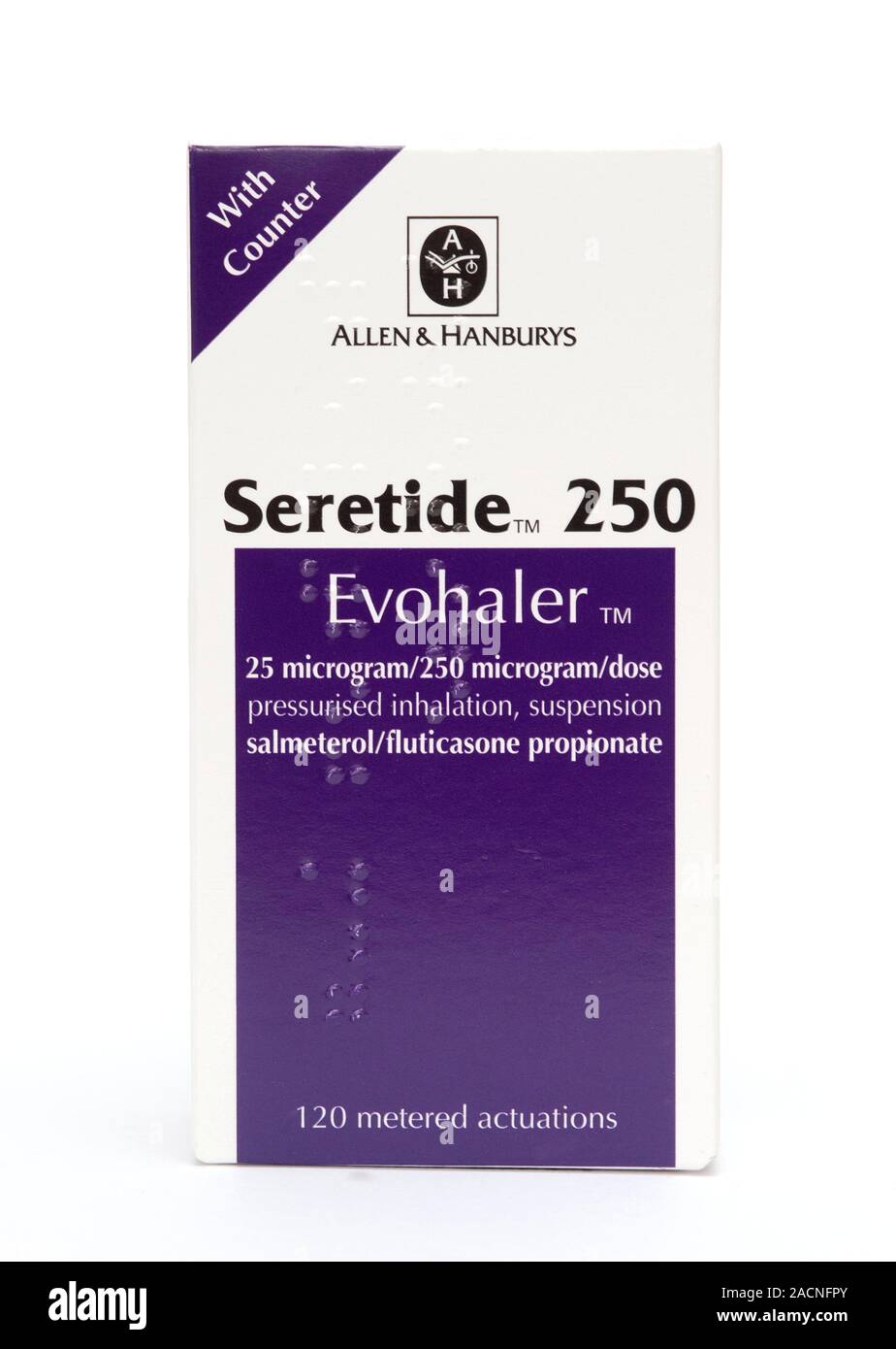 Seretide inhaler in its packaging, an inhaler used to treat asthma and ...