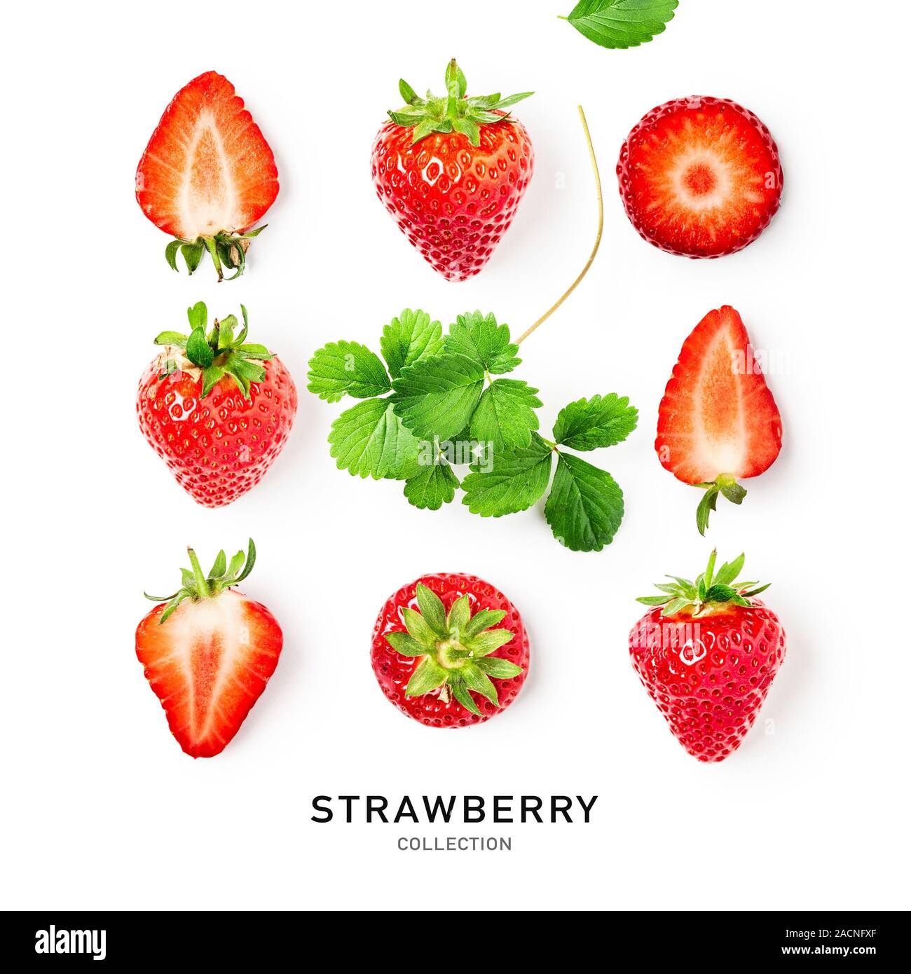 Fresh red strawberry fruit and leaf collection as creative layout ...