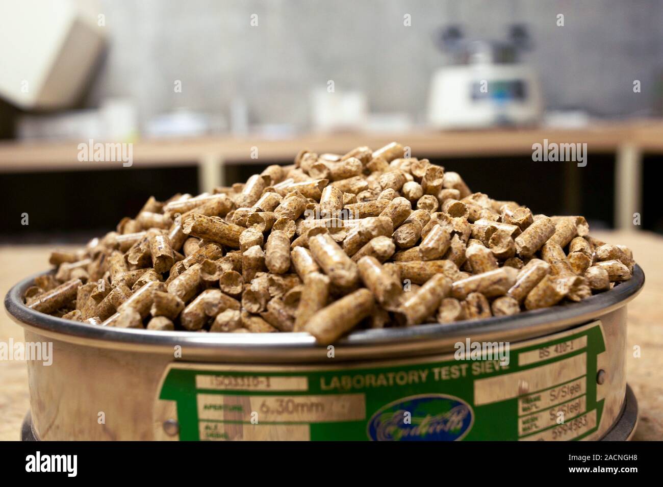 Wood pellet production. Pellets made of compressed wood sawdust at a ...