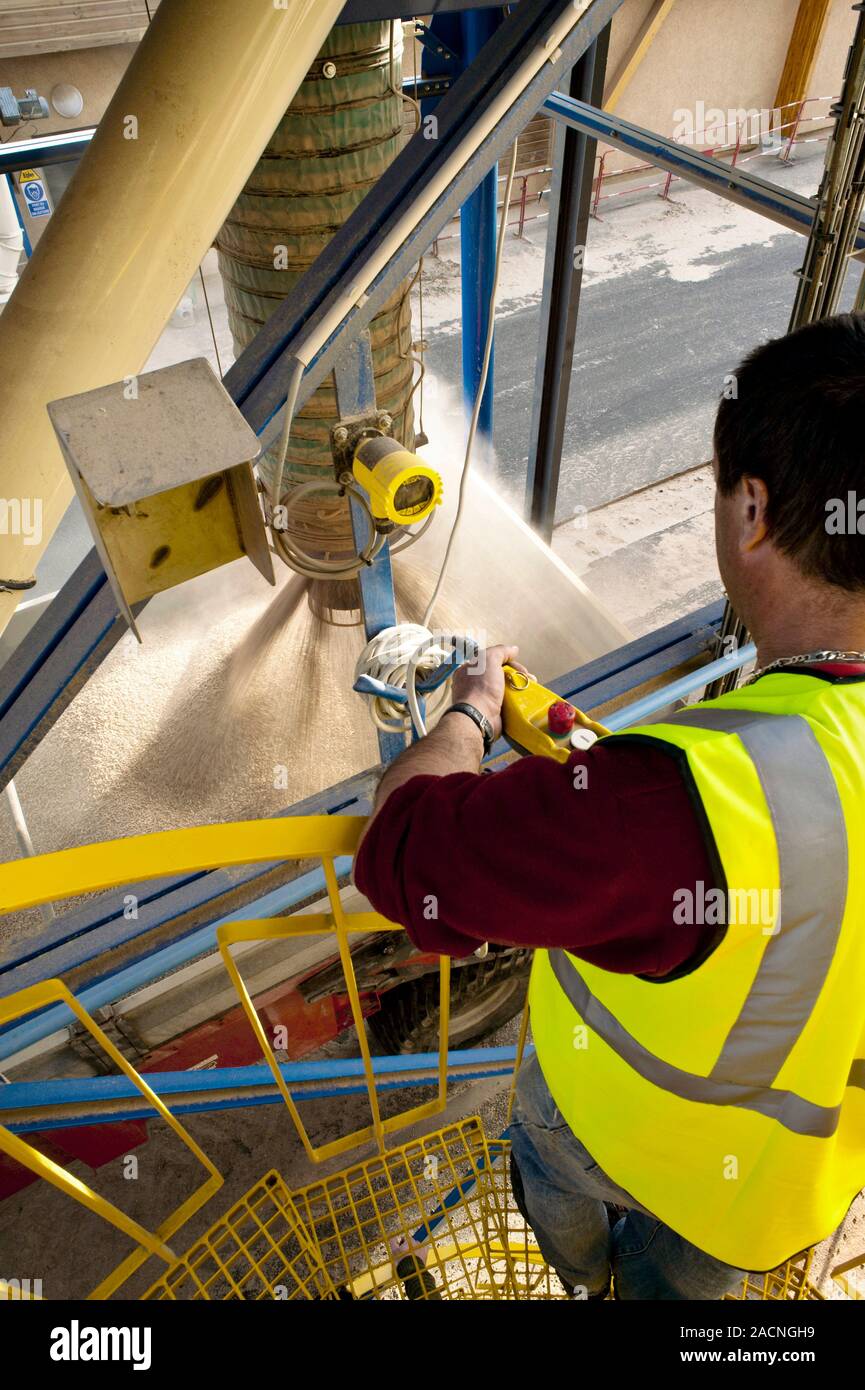 Wood pellet production. Worker at a factory that produces pellets made ...