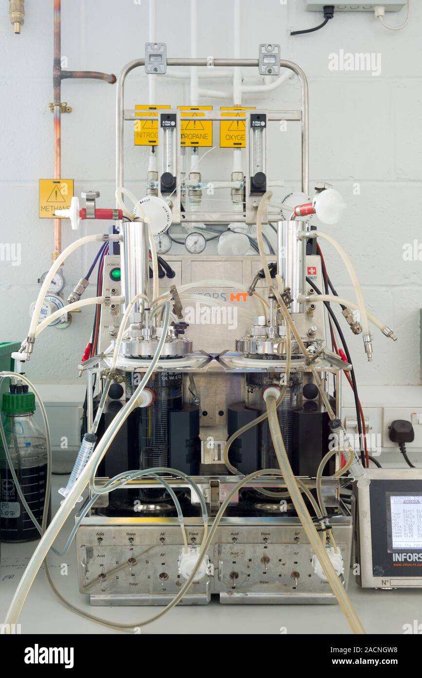 An experimental laboratory bioreactor. Biotechnology involving liquid ...