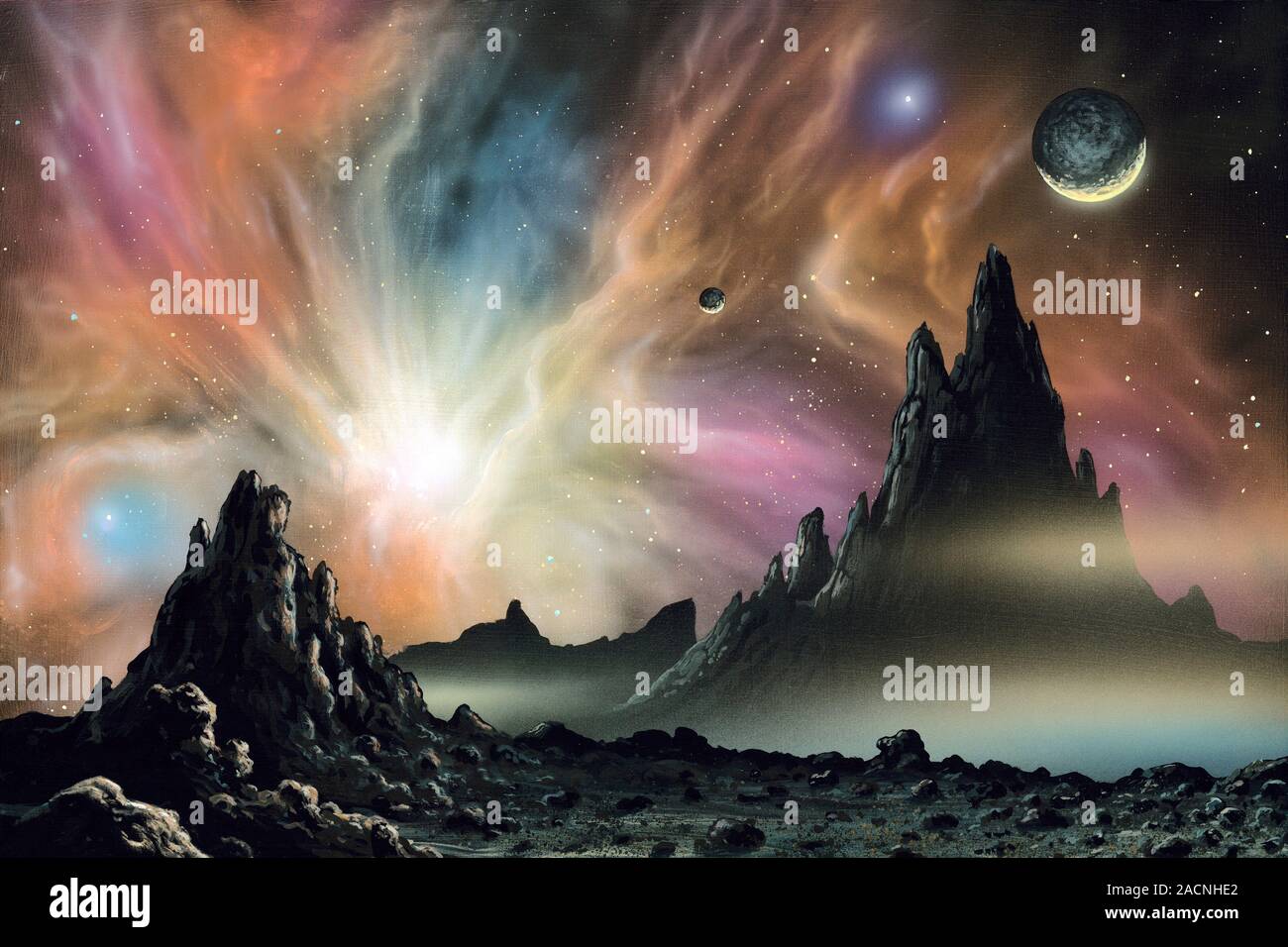 Alien landscape and star-forming nebula. Artwork of moons and a star ...