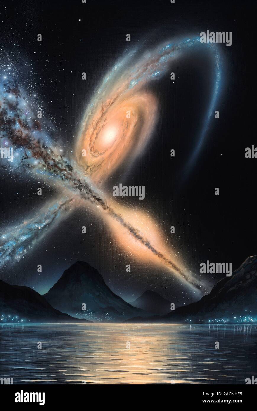 Milky Way-Andromeda galactic collision. Artwork showing the future collision between the Milky ...