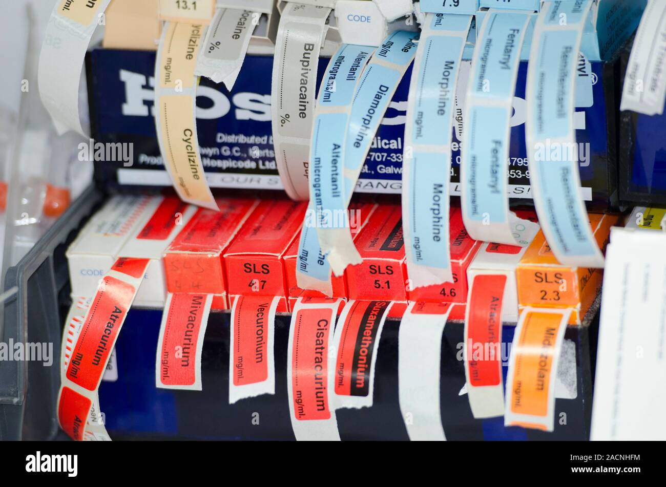 Drug labels. Close-up of reels of self-adhesive labels used to identify ...