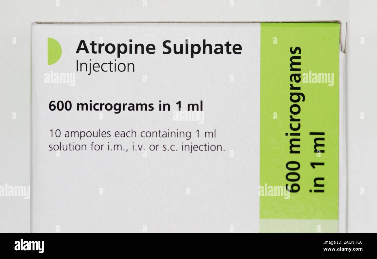 Atropine sulphate drug. Box containing ampoules of Atropine sulphate ...