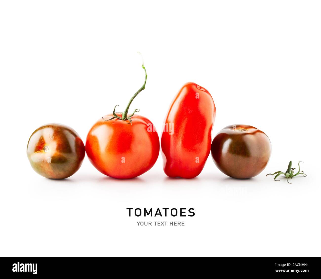 Different tomatoes creative composition isolated on white background ...