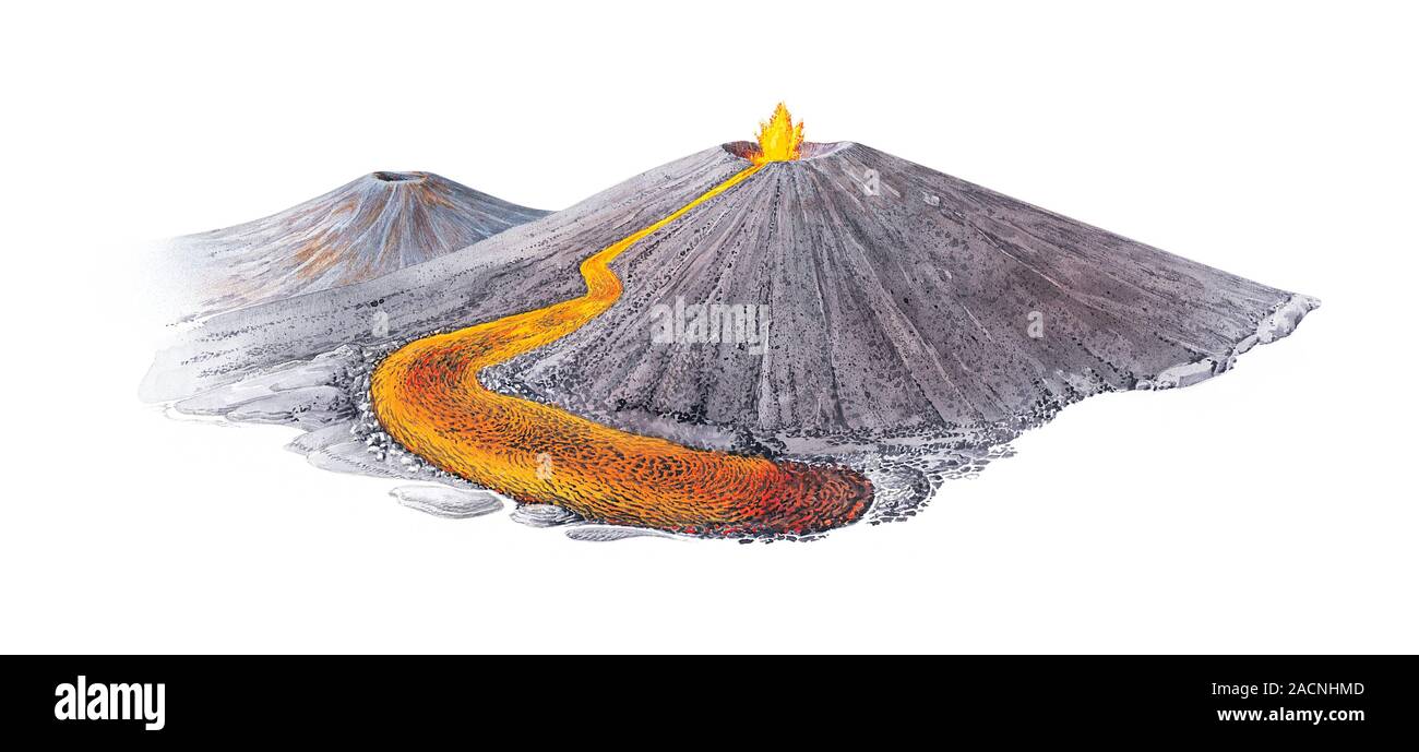 Volcanic lava flow. Artwork of a lava flow produced by an erupting ...