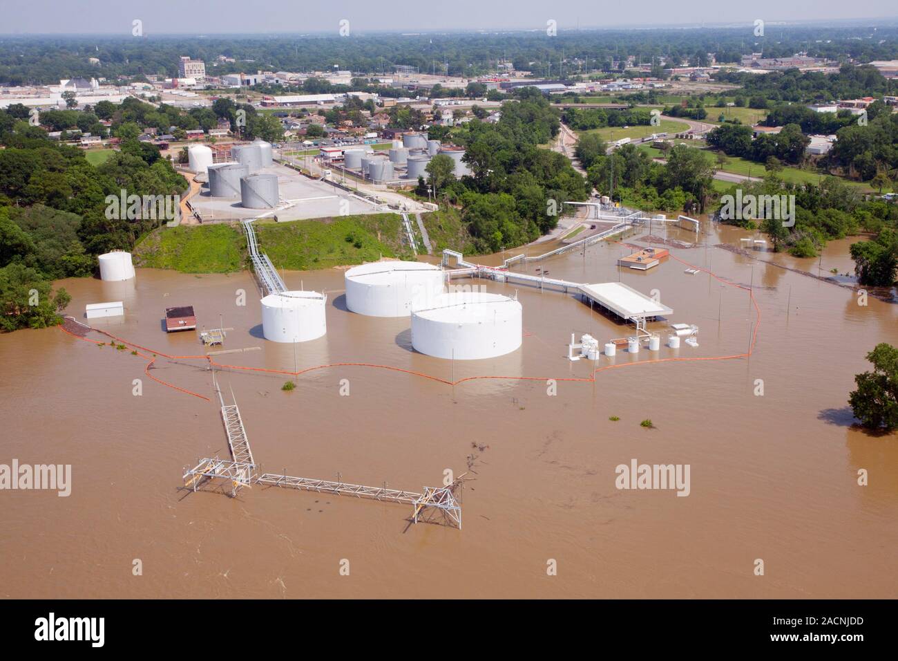 Mississippi River floods, 2011. Aerial view of a fuel storage facility ...