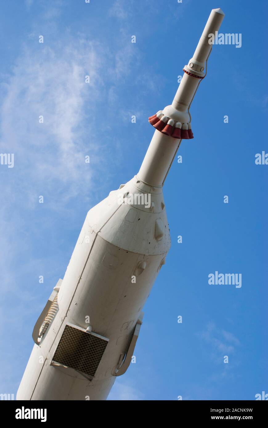 Soyuz rocket showing capsule escape rocket on display in Baikonur ...