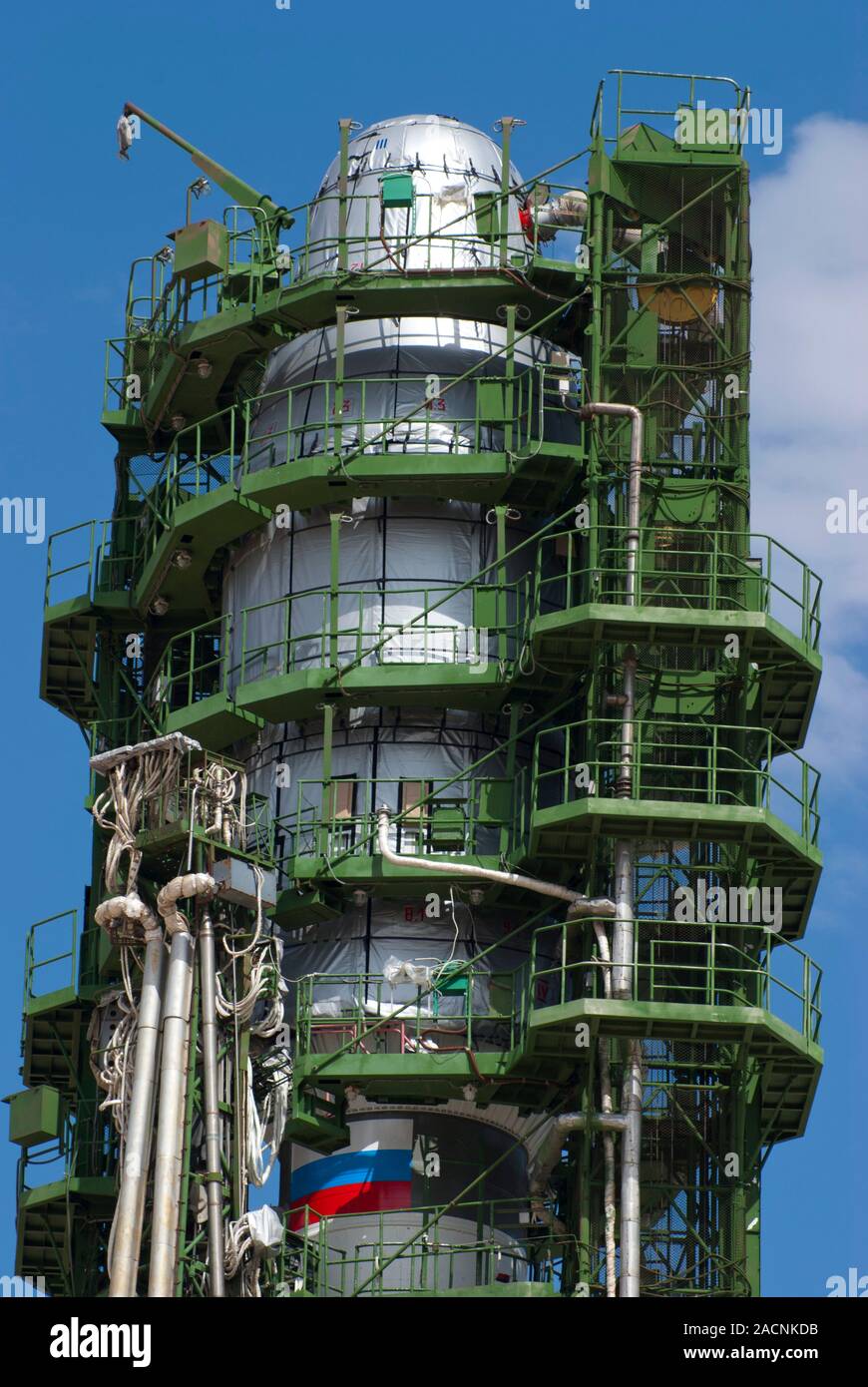 Soyuz rocket fairing at Baikonur Cosmodrome, Kazakhstan. The fairing is ...