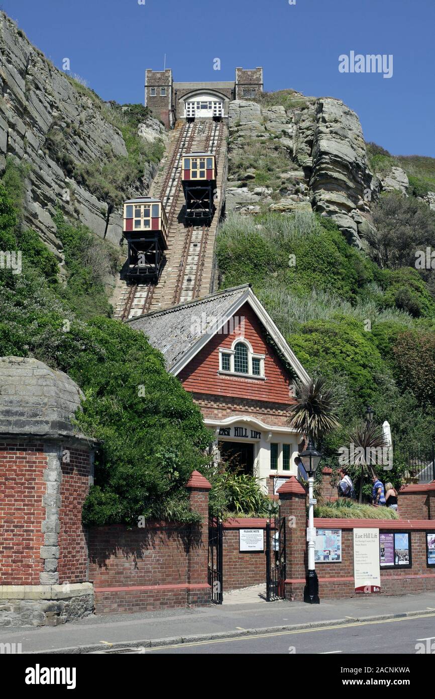 Funicular railway. Passenger cars passing on the East Cliff Lift ...