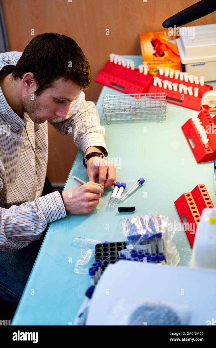 Fitness testing. Sports scientist labelling test-tubes used to take ...