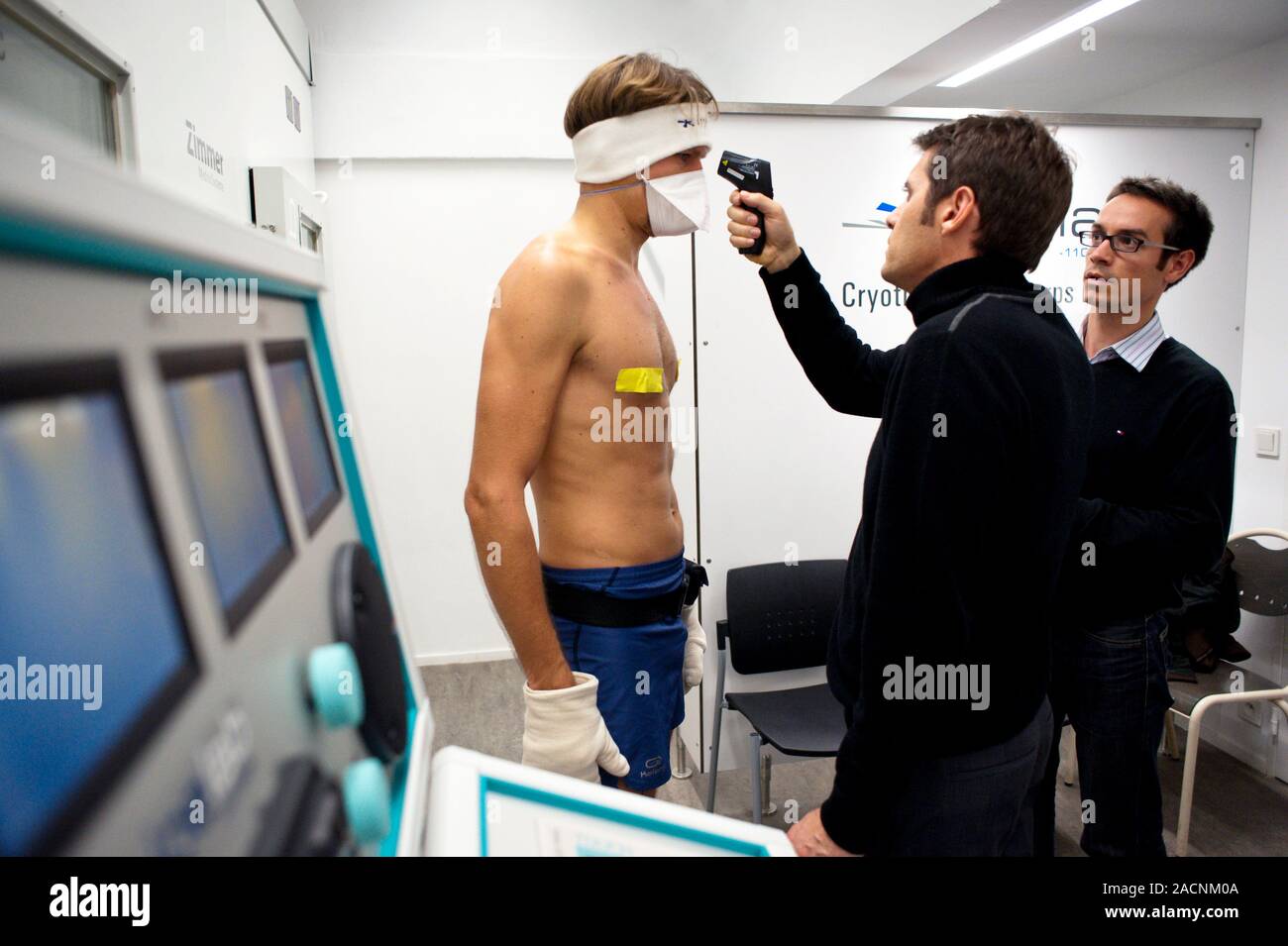 Cryotherapy research. Athlete being examined during research to ...