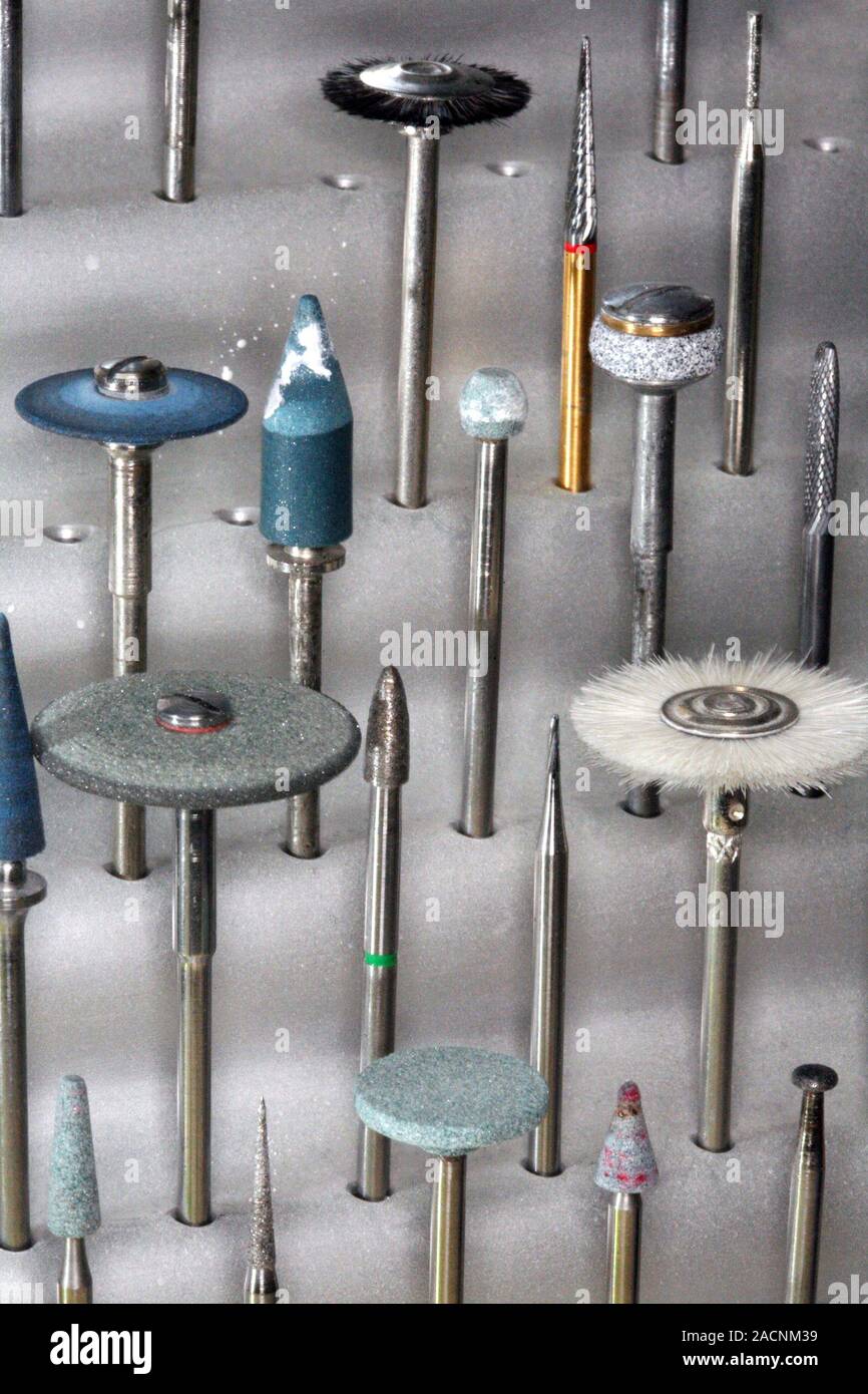 Dental prosthesis production. Tools used to shape custom dental ...