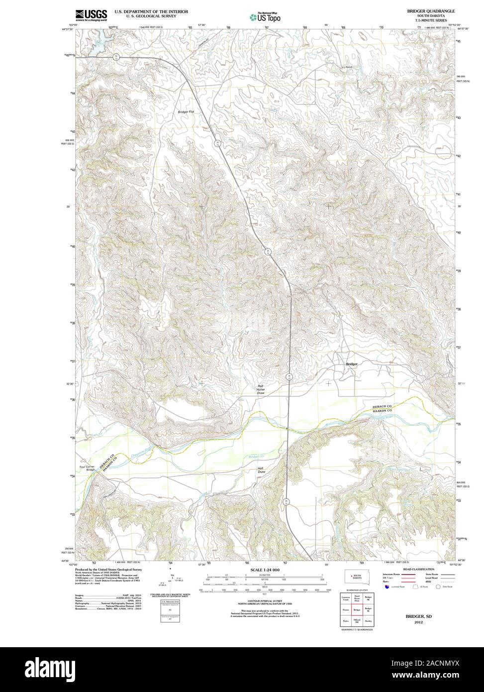 USGS TOPO Map South Dakota SD Bridger 20120622 TM Restoration Stock ...