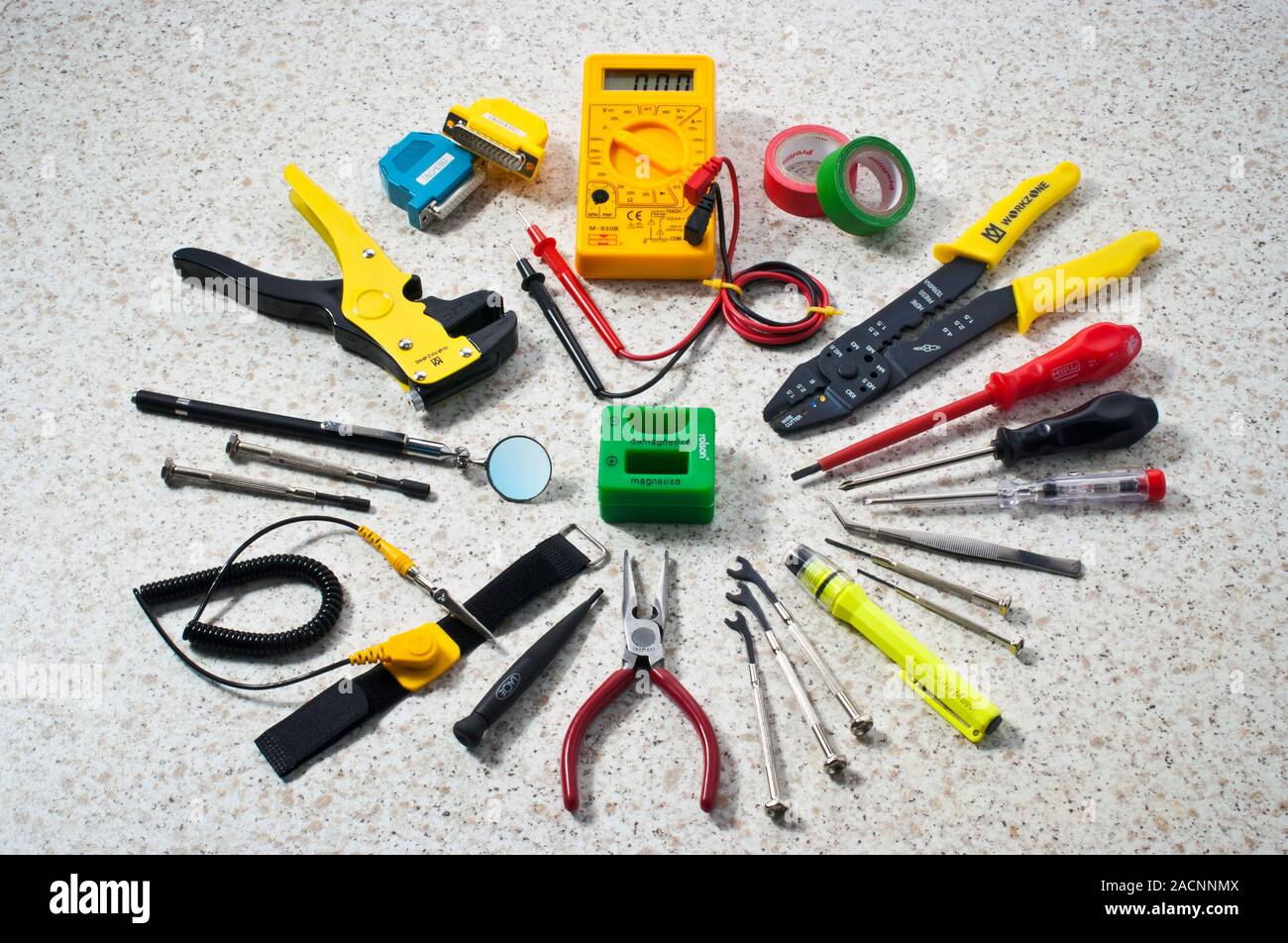 Computer maintenance toolkit. Assorted electrical tools used for ...