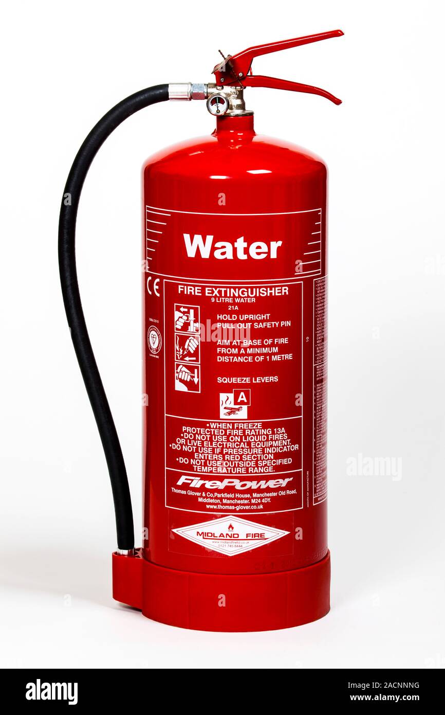 Water fire extinguisher. Pressurized cylinder containing water for use ...