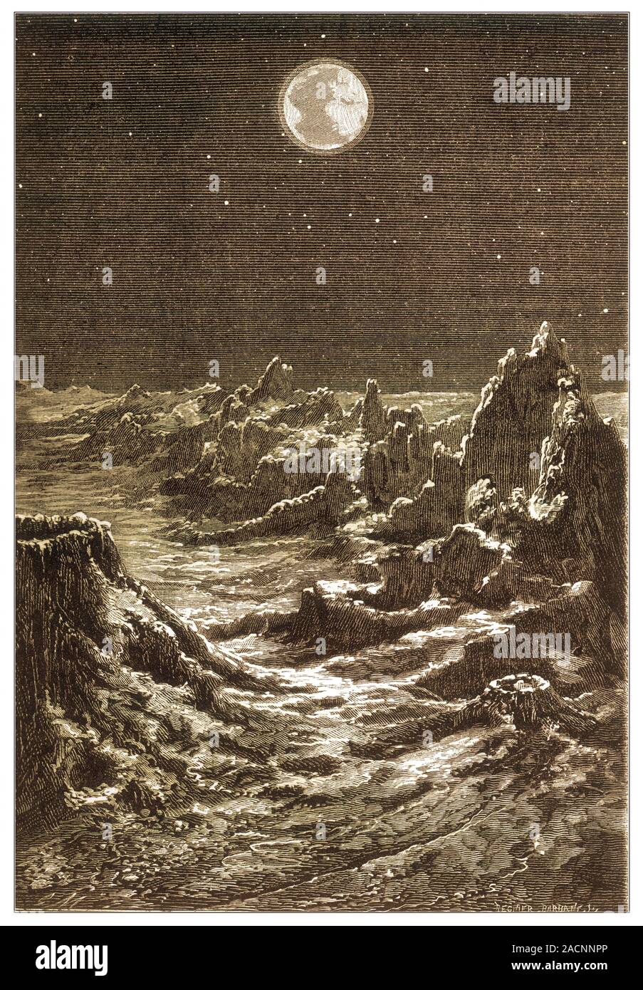 Earth over lunar landscape. 19th-century artwork showing the Earth ...