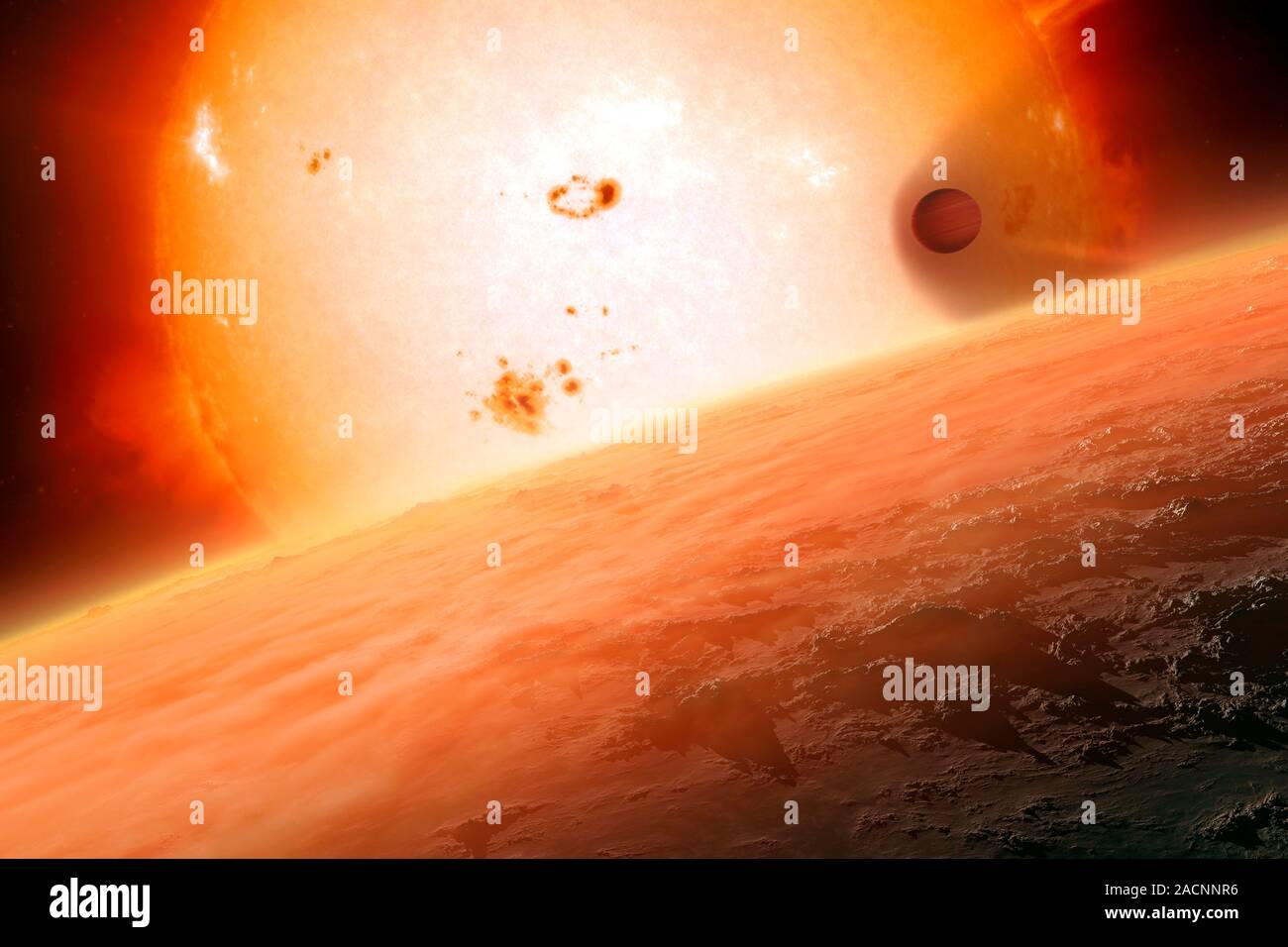 Alien planet HD 189733b and stellar flare. Artwork of the exoplanet HD ...