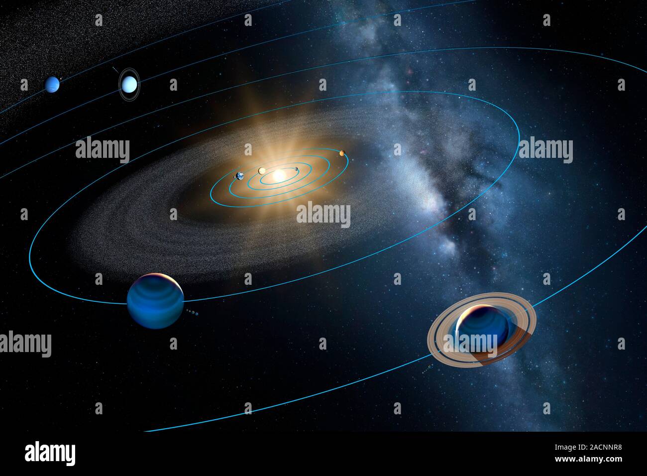 Solar system planetary orbits, artwork. The Sun is at centre, with ...