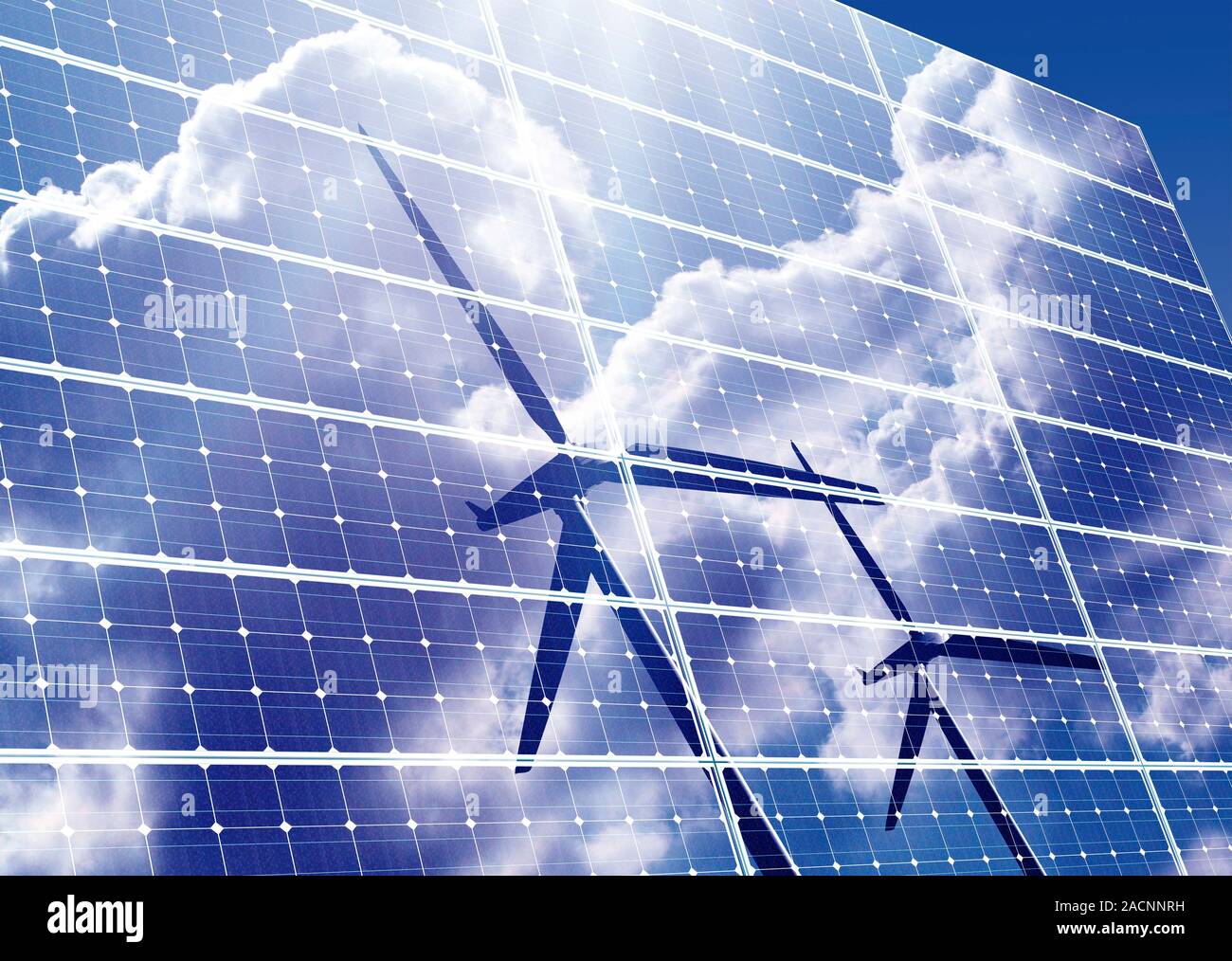 Solar and wind power. Artwork of wind turbines reflected in solar ...
