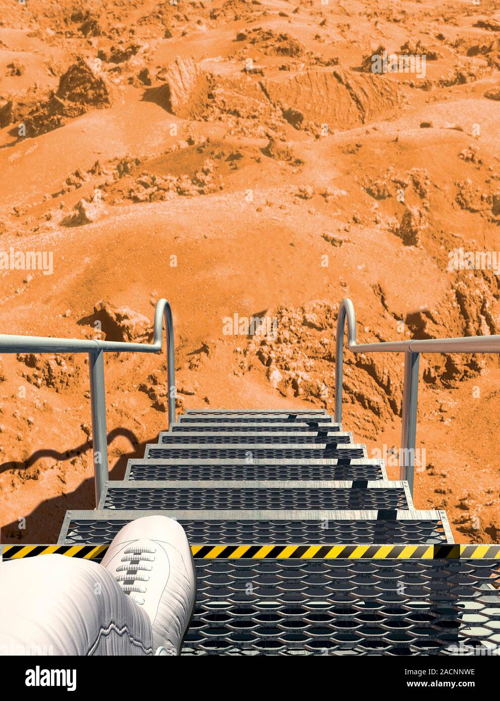 Mars landing. Computer artwork of an astronaut stepping out of a ...