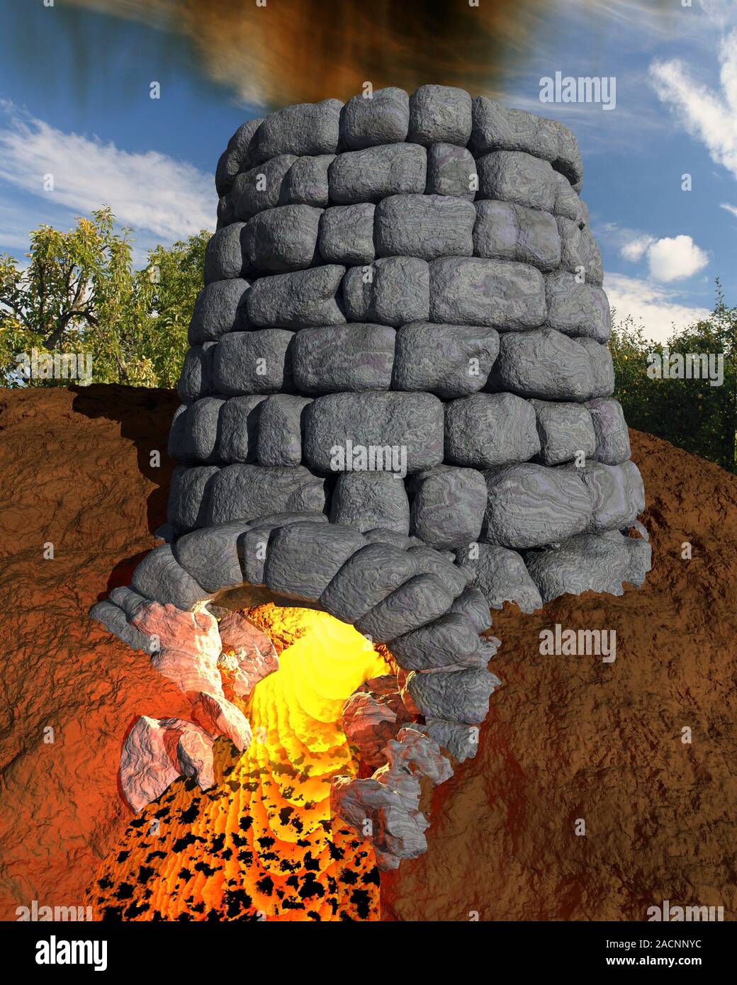 Iron-smelting furnace. Artwork of the structure of a traditional ...