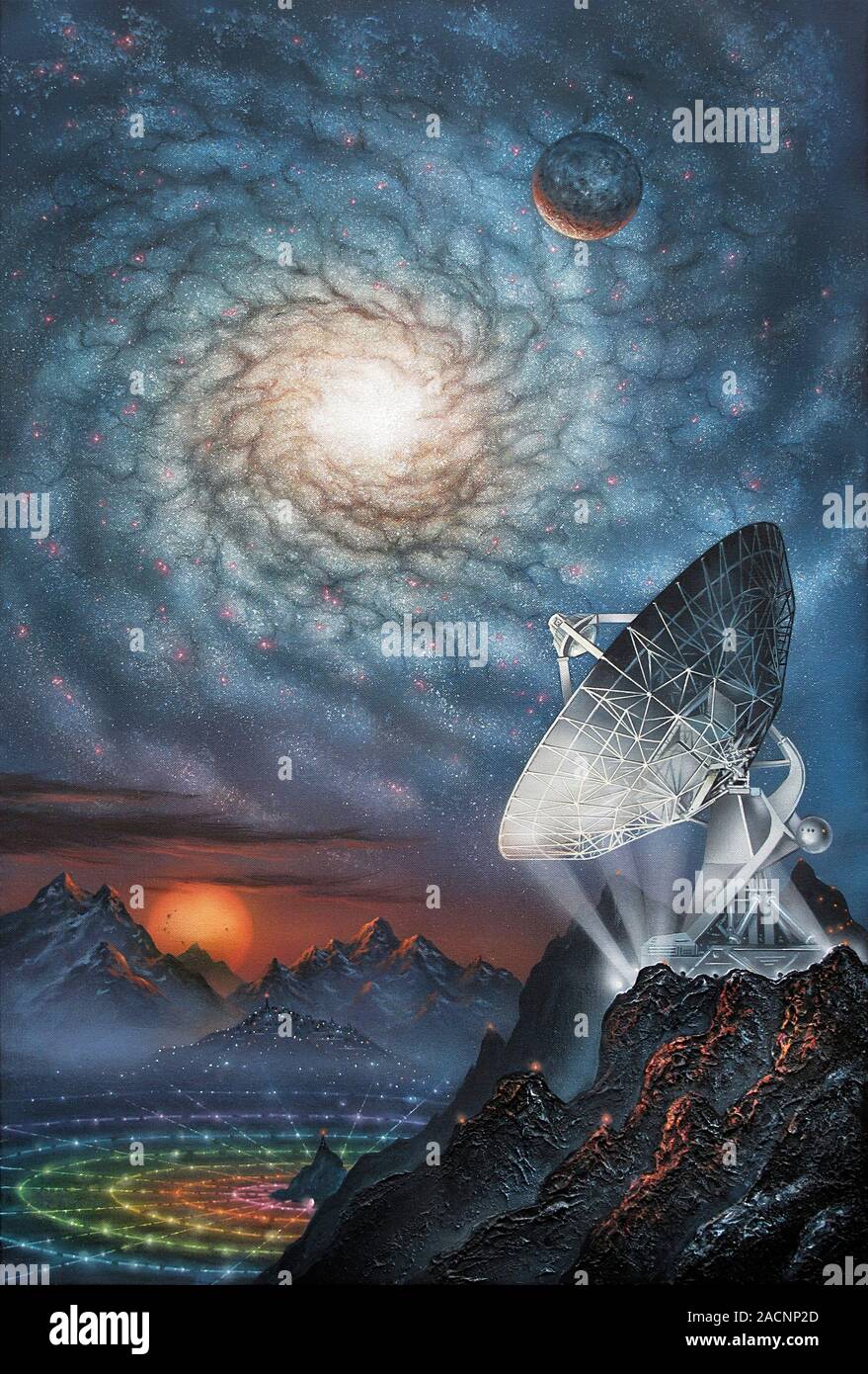 Alien radio telescope. Computer artwork of a view across an alien ...