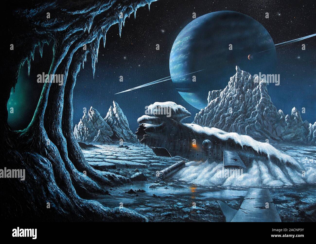 Crashed alien space-craft. Computer artwork of a space-ship that has ...