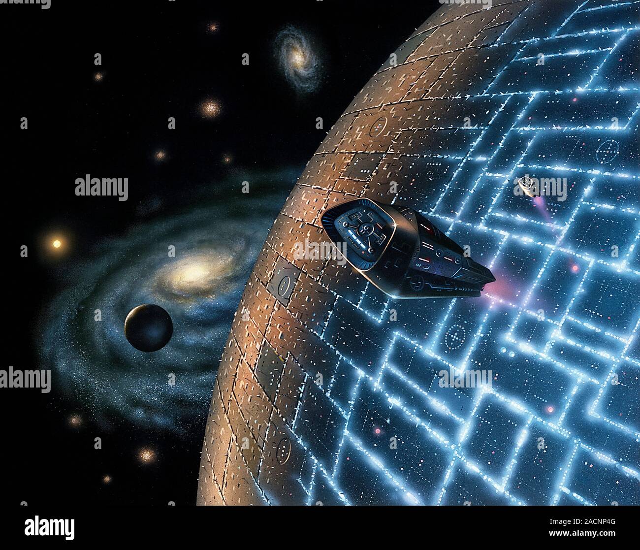 Artificial planet. Computer artwork of spaceships approaching an ...