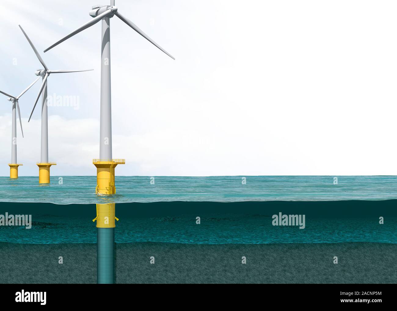 Offshore wind turbines. Artwork showing offshore wind turbines, with ...