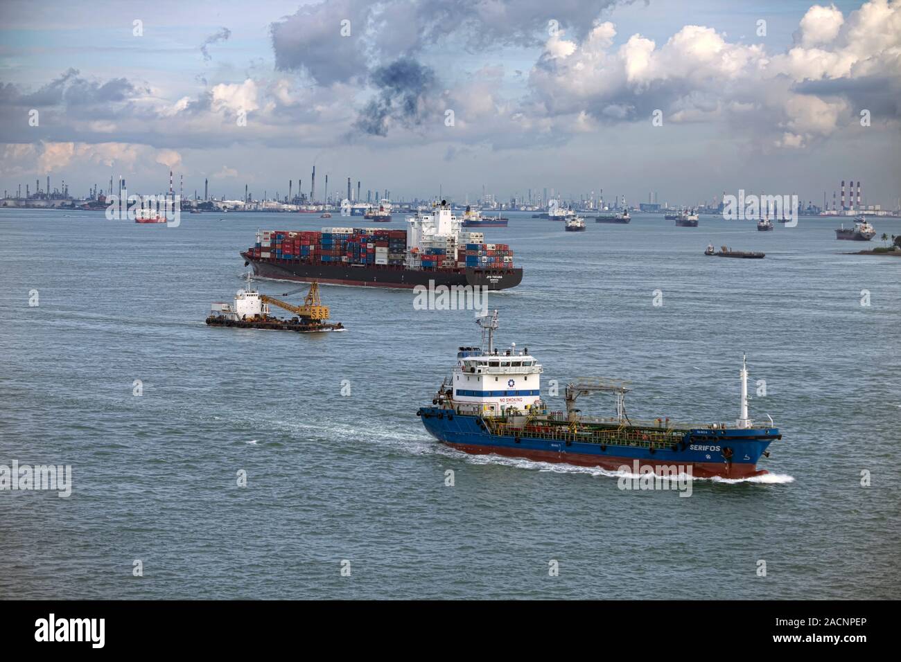 Singapore Strait shipping traffic. View of numerous container ships in ...