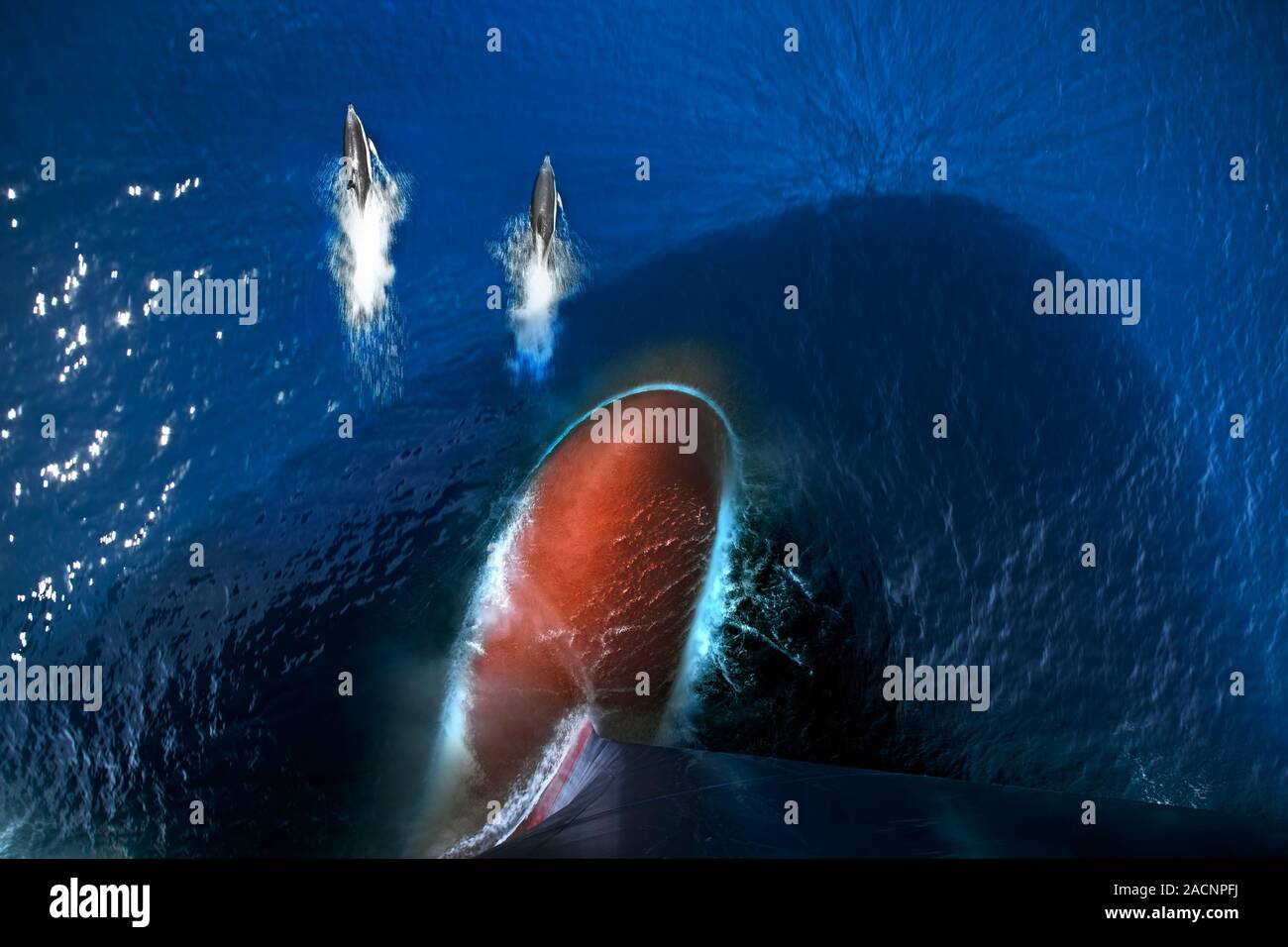Container ship at sea. View looking down from the deck of a container ...