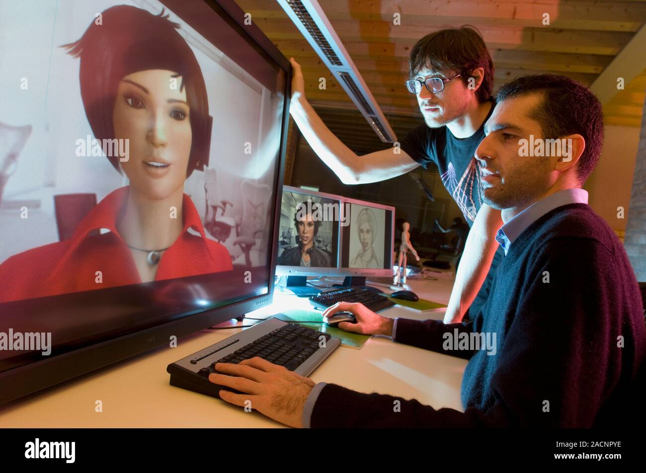 3D virtual avatar construction. Man using a computer program to animate ...