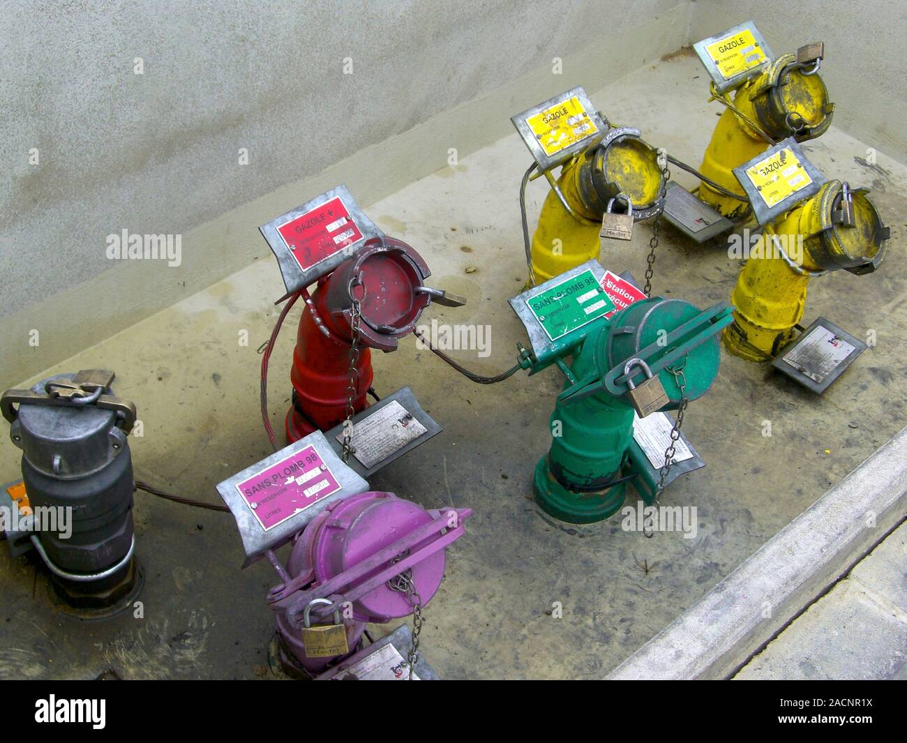 Petrol station. Close-up of the pipes used to fill the fuel storage ...