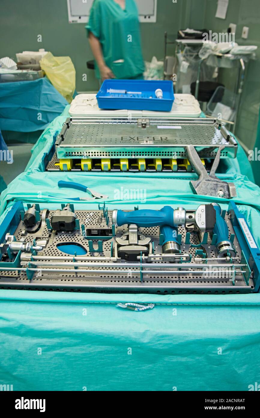 Knee replacement surgery tools. Operating theatre set of tools ...