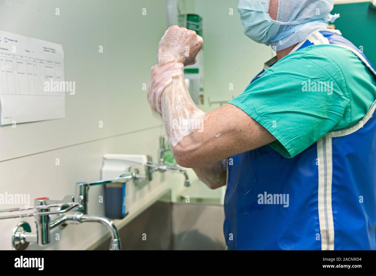 Preparing for surgery. Surgeon scrubbing his hands and forearms before ...