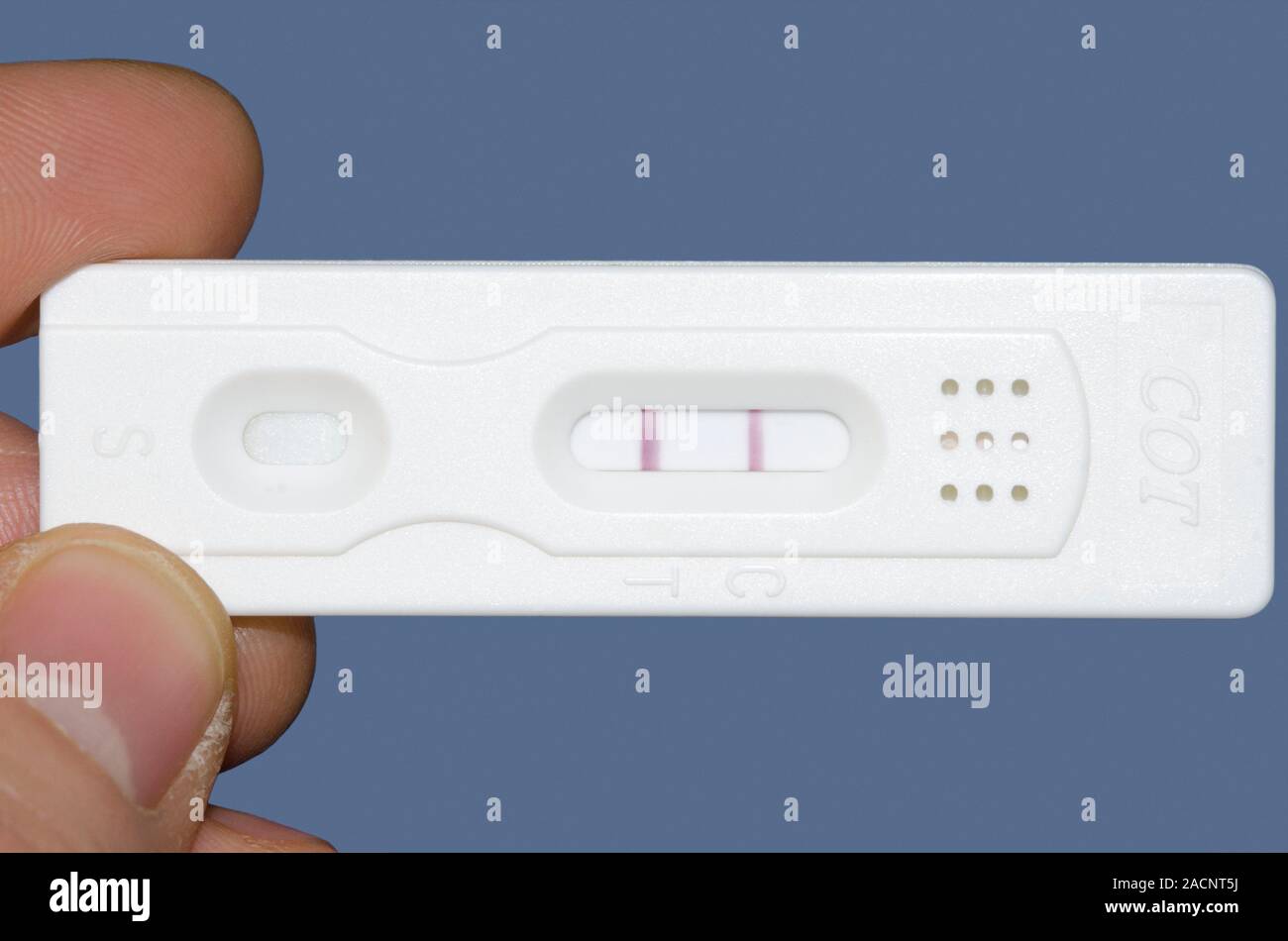 Hand holding a test device to detect Cotinine (a bi-product of Nicotine ...