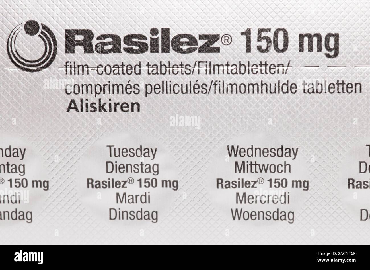 Bubble pack of Aliskiren tablets, tradename Rasilez, a renin inhibitor ...