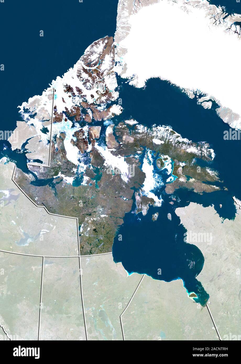 Nunavut, Canada, satellite image. North is at top. Natural colour ...