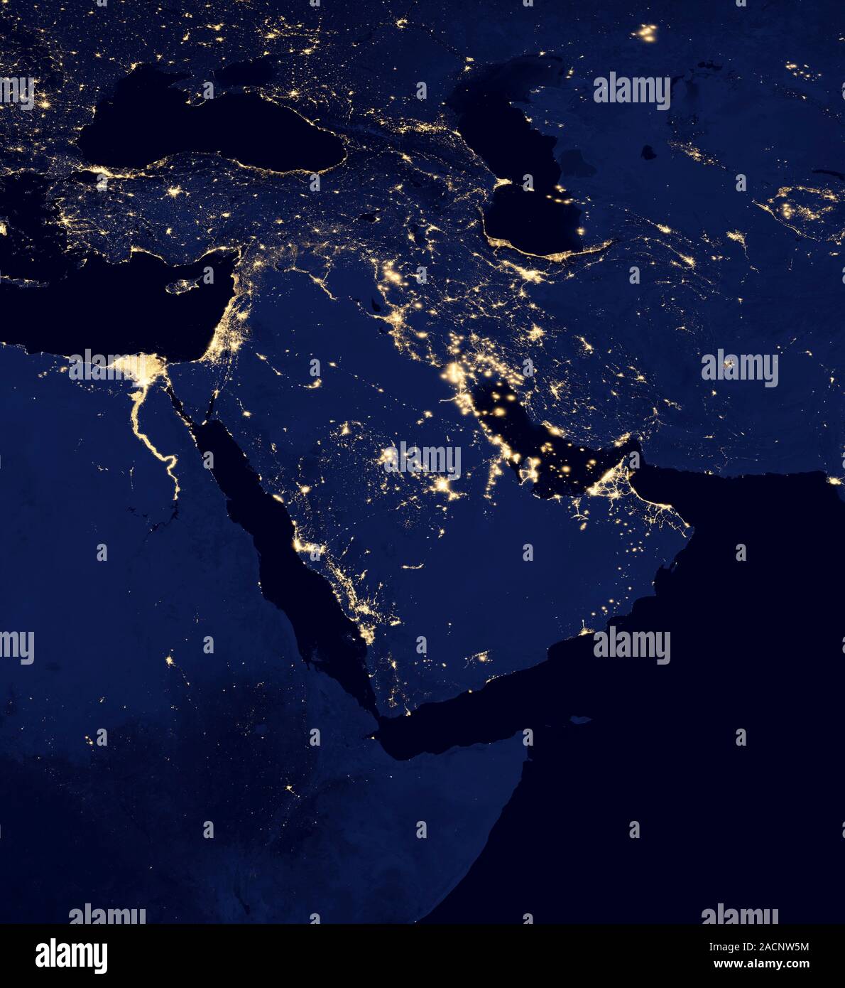 Middle East at night. Black marble satellite image of the Arabian ...