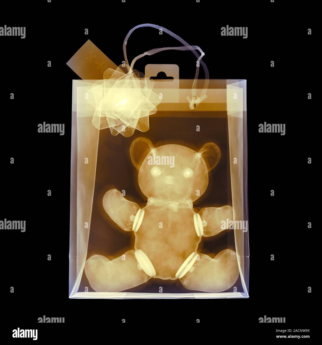 Coloured x-ray of a Teddy bear toy in a gift bag. This image was ...