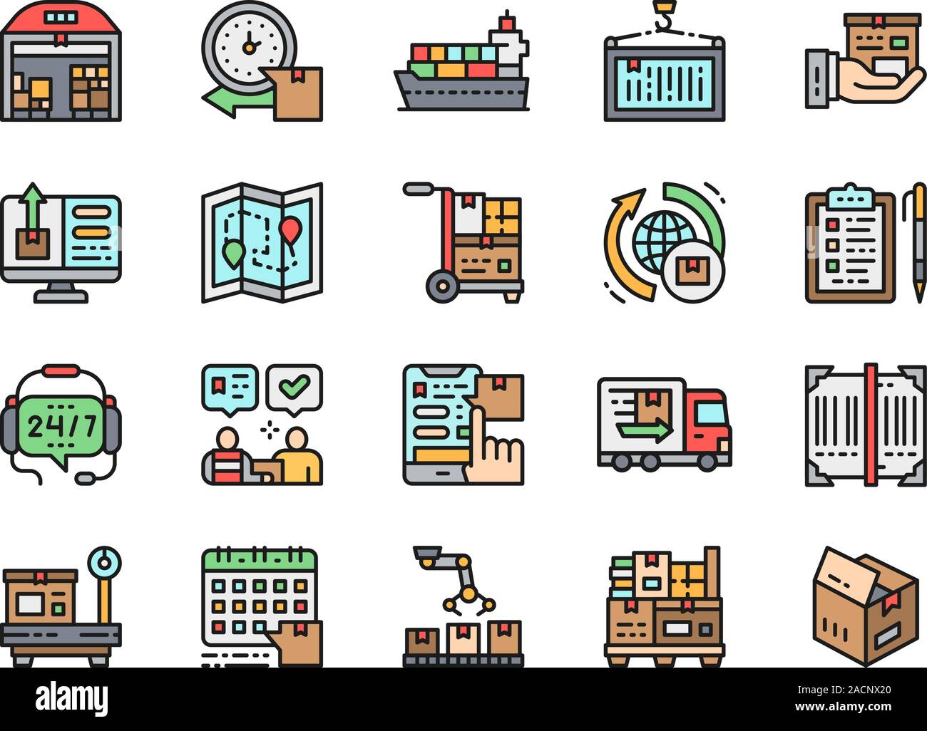 Set of Delivery Flat Color Icons. Warehouse, Cargo Ship, Container and ...