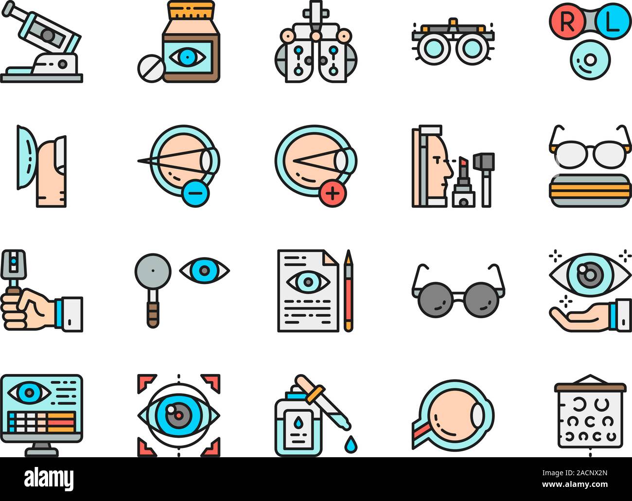 Set of Optometry Flat Color Icons. Vitamins, Optical Clinic, Surgery ...