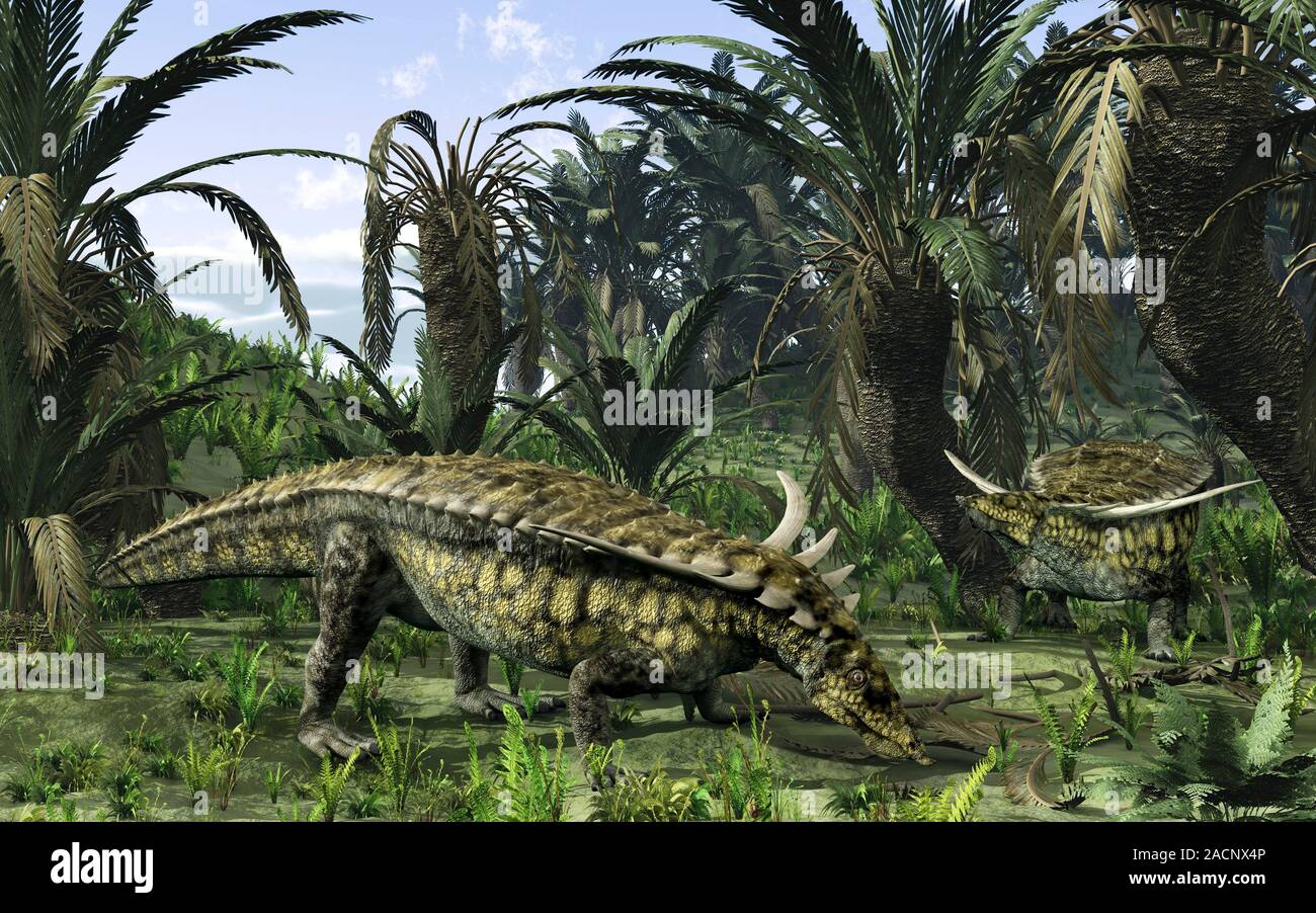 Desmatosuchus archosaurs. Computer artwork of 15-foot-long (4.5 metres ...