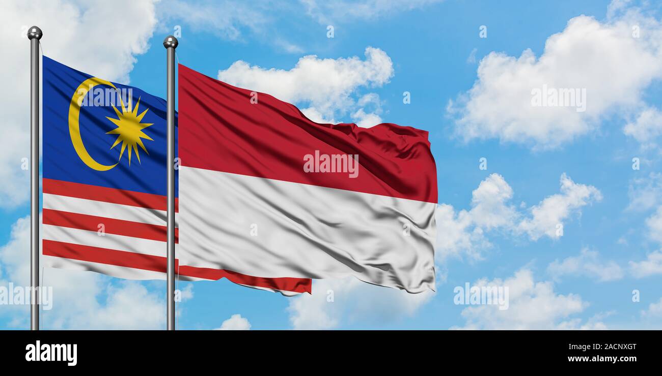 Malaysia and Indonesia flag waving in the wind against white cloudy ...