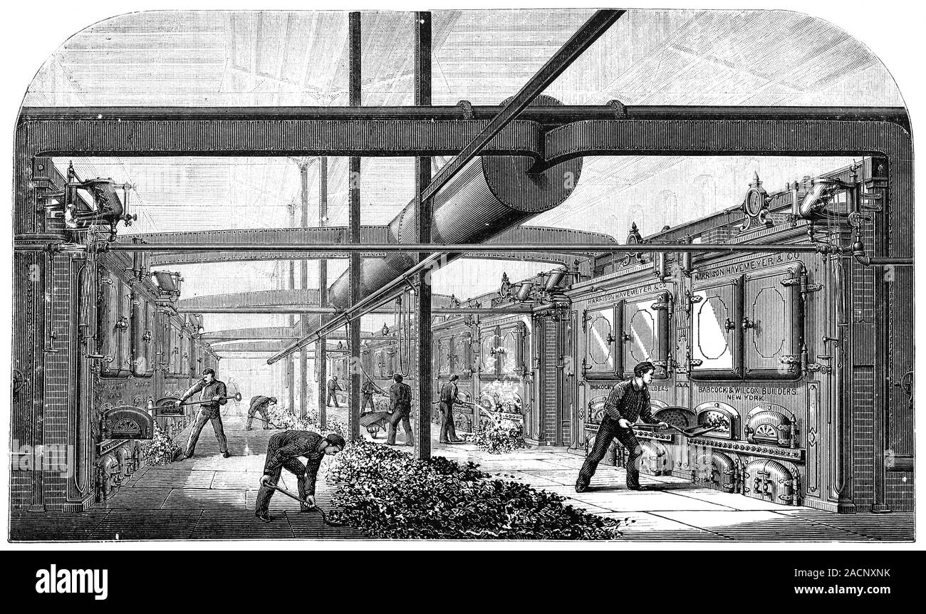 Industrial boiler room. 19th-century artwork of stokers shovelling coal ...