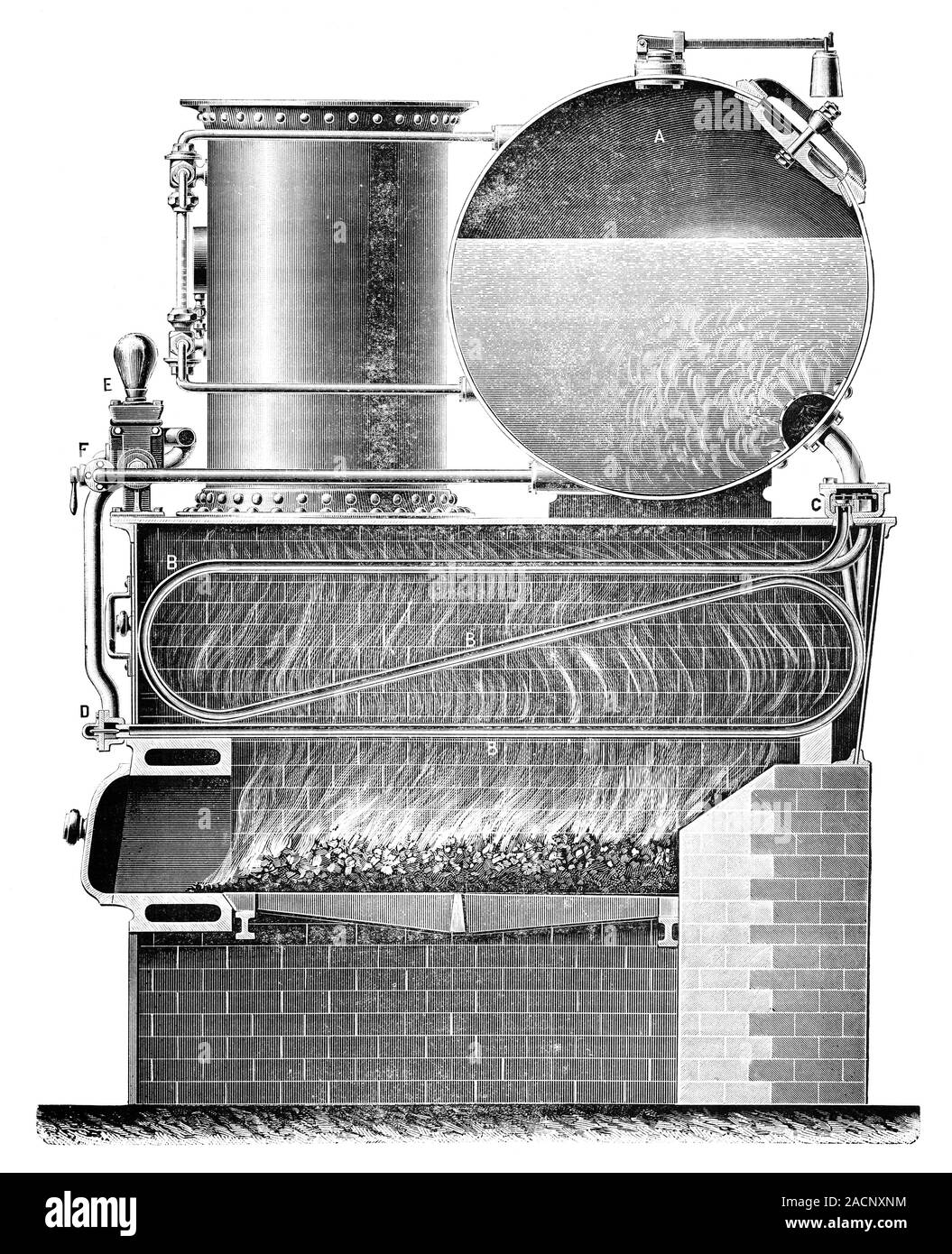 Solignac mixed boiler system. 19th-century artwork of a longitudinal ...